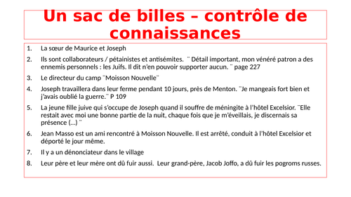 Un sac de billes : revision questions + answers | Teaching Resources