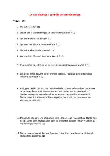 Un sac de billes : revision questions + answers | Teaching Resources