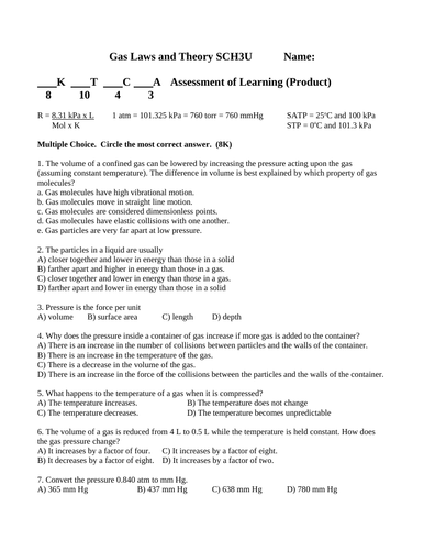 3 ASSESSMENTS Gases Quiz and Test Package Grade 11 Chemistry Test WITH ...