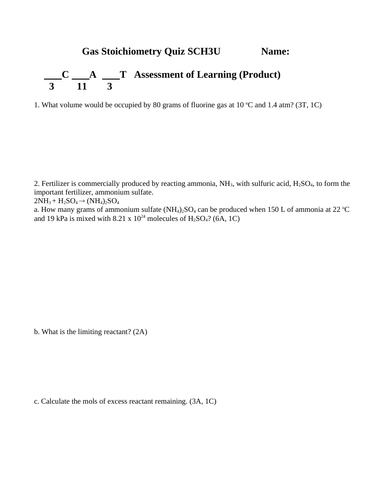 3 ASSESSMENTS Gases Quiz and Test Package Grade 11 Chemistry Test WITH ...