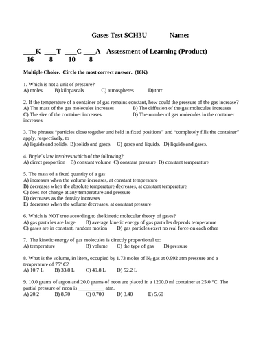8 GAS WORKSHEETS, 2 Gas Quizzes, 1 Gas Test WITH ANSWERS Grade 11 ...