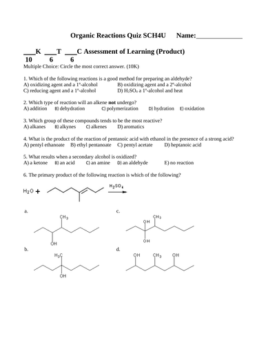 3 ORGANIC CHEMISTRY EVALUATIONS Grade 12 Chemistry Quizzes WITH ANSWERS ...