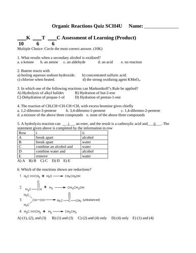 4 ORGANIC REACTIONS WORKSHEETS and 4 Organic Chemistry Quizzes Grade 12 ...
