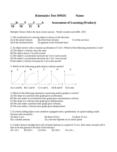 8 KINEMATICS ASSESSMENTS 3 Kinematic Tests and 5 Acceleration Quizzes ...