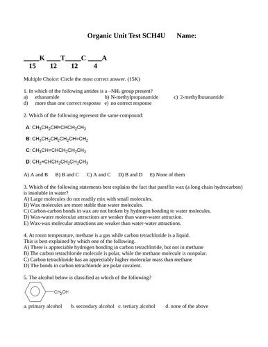 3 ORGANIC CHEMISTRY ASSESSMENTS Grade 12 Chemistry TEST WITH ANSWERS ...