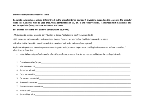 Imperfect tense sentence completion practice | Teaching Resources