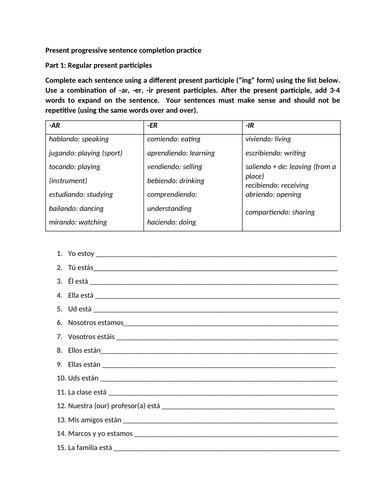 Present progressive sentence completion practice | Teaching Resources