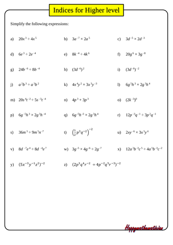 Rules of Indices - Using Algebra - Answers included | Teaching Resources