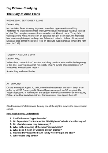 Anne Frank - Clarifying - Guided Reading/ Destination Reader | Teaching ...