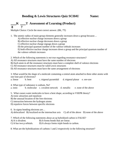 QUIZ BONDING Quiz Lewis Structures Quiz Grade 12 Chemistry Quiz WITH ...