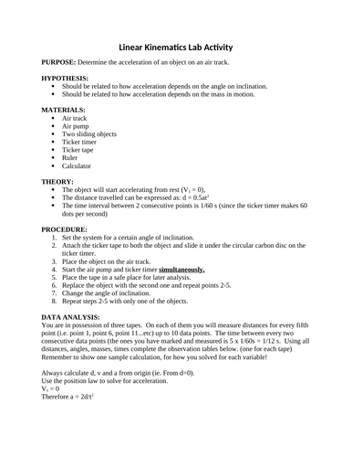 Grade 11 Physics Labs and Culminating Activity ALL HAVE DETAILED ...