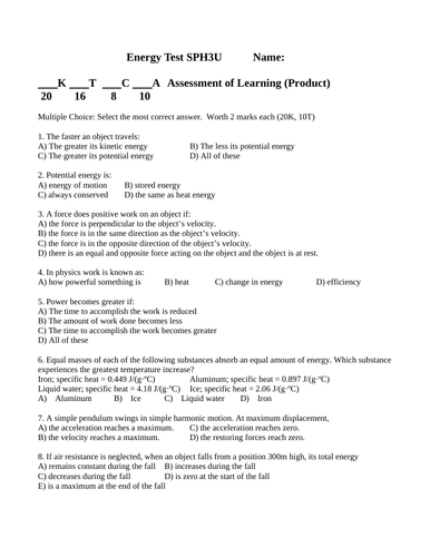 Test ENERGY AND WORK TEST PACKAGE Grade 11 Physics TEST WITH ANSWERS ...