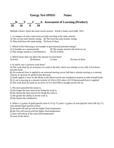 10 WORKSHEETS WORK AND ENERGY, 4 Energy QUIZZES and 1 Energy TEST WITH ...