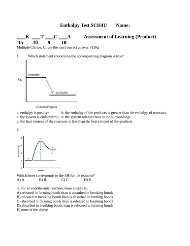 ENTHALPY TEST and QUIZ WITH ANSWERS Calorimetry, Q=mct, Heat of ...