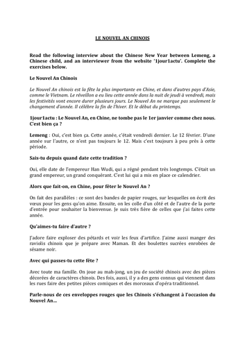 Le Nouvel An Chinois Reading and Writing GCSE French | Teaching Resources