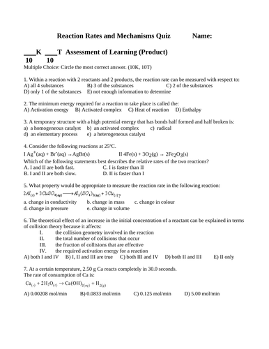 QUIZ and TEST RATE OF REACTION Test Grade 12 Chemistry Test WITH ...