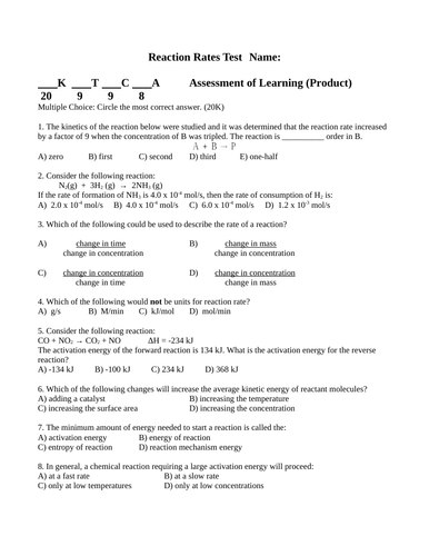 QUIZ AND TEST REACTION RATES Test Grade 12 Chemistry Test Ver. #7 (WITH ...