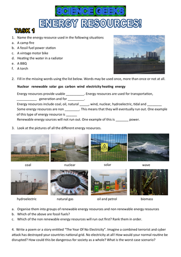 PHYSICS - ENERGY RESOURCES WORKSHEET! | Teaching Resources