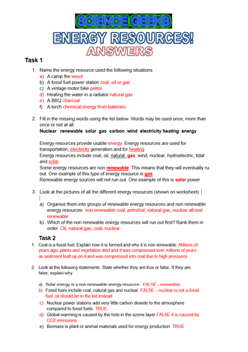 PHYSICS - ENERGY RESOURCES WORKSHEET! | Teaching Resources