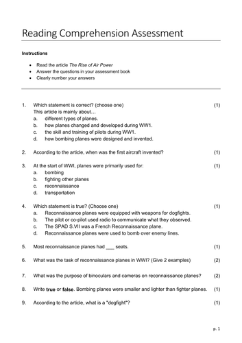 Reading Comprehension WWII Aircraft | Teaching Resources