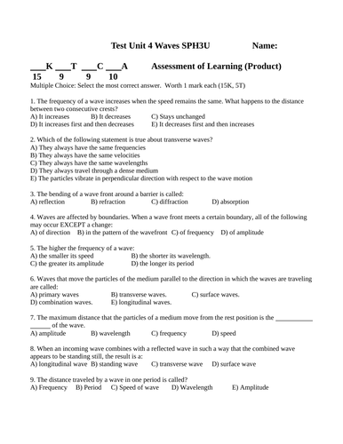 MECHANICAL WAVES TEST Longitudinal Transverse Waves TEST WITH ANSWERS ...