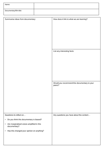 Blank documentary worksheet for cover | Teaching Resources