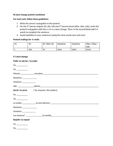 IR stem change preterit tiny practice | Teaching Resources