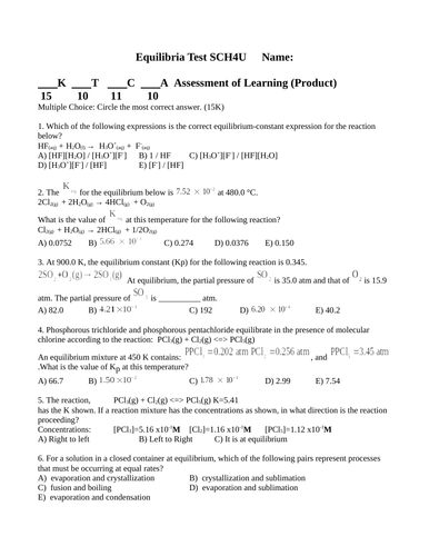 5 ASSESSMENTS Equilibria Tests Equilibria Quiz Grade 12 Chemistry Test ...