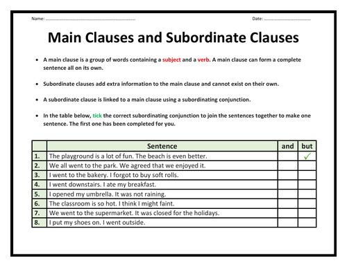 Main Clauses and Subordinate Clauses - Worksheet | Teaching Resources Main Clauses and Subordinate Clauses - Worksheet | Teaching Resources