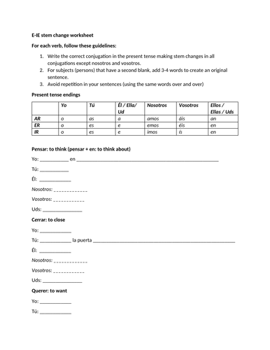 E-IE stem change verbs tiny practice (present tense) | Teaching Resources