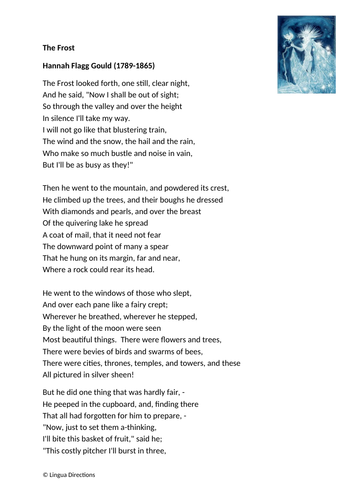 THE FROST. CLASSIC WINTER POEM. READING COMPREHENSION WITH ANSWERS ...