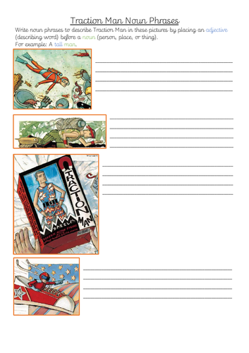 Traction Man Noun Phrases Worksheet (differentiated) | Teaching Resources