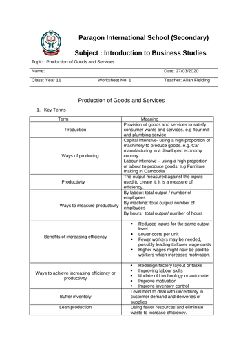 Production of goods and services | Teaching Resources