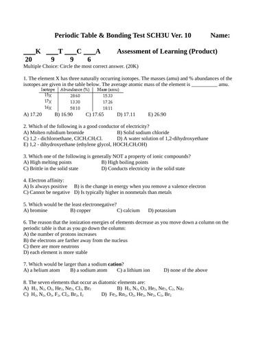 14 CHEMISTRY BONDING ASSESSMENTS WITH ANSWERS Periodic Table Bonding ...