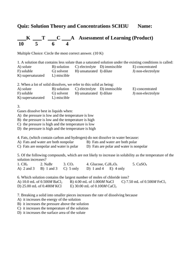 11 SOLUTION ASSESSMENTS Solutions and Solubility Unit Tests Solution ...