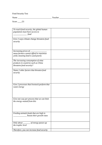 GCSE Biology Test - Food Security | Teaching Resources