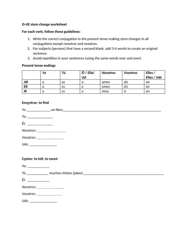 O-UE stem change verbs tiny practice (Present tense) | Teaching Resources