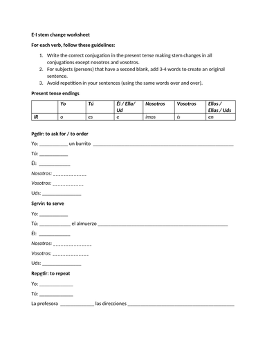 E-I stem change verbs tiny practice (Present tense) | Teaching Resources