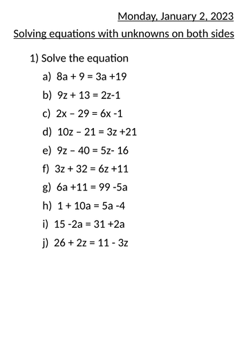 Solving equations with unknowns on both sides algerba maths | Teaching Resources