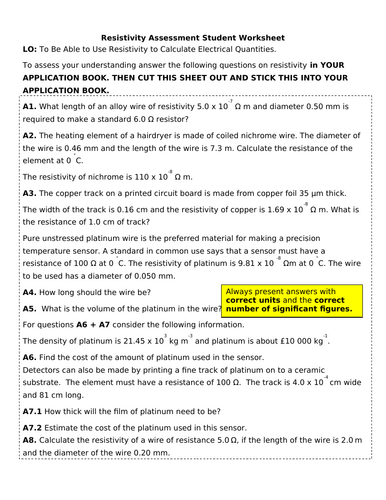 A-Level Physics: Electricity (Current and Resistance) Scheme of Work ...