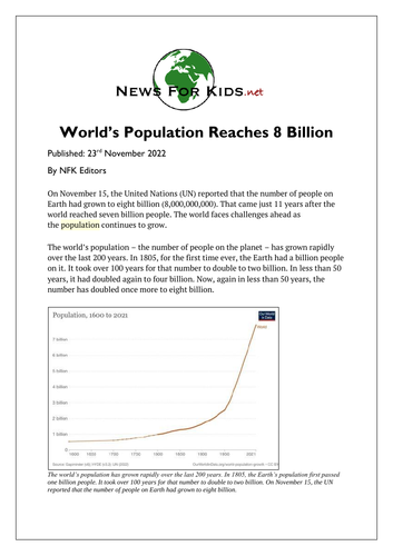 World Population Growth - Kids News Article - Reading Comprehension ...