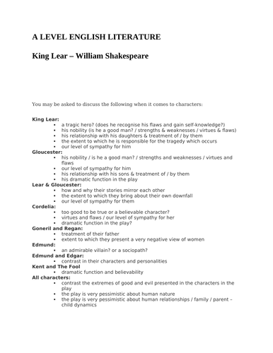 A LEVEL ENGLISH REVISION - a bank of exam questions on King Lear ...