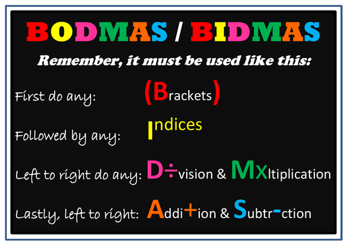 2 posters BIDMAS BODMAS (inc example) | Teaching Resources