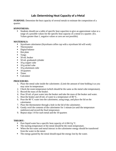 DETERMINING SPECIFIC HEAT CAPACITY LAB Physics Lab or Chemistry Lab ...