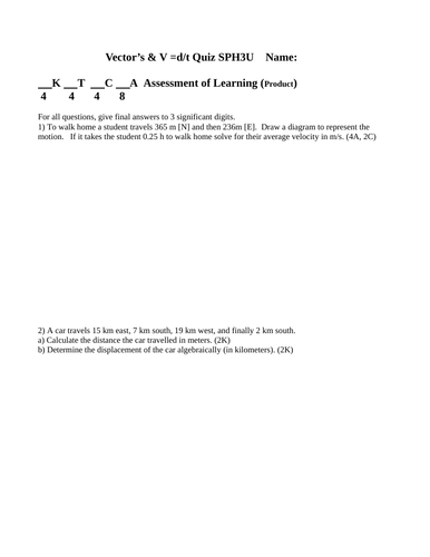3 VECTORS AND UNIFORM MOTION QUIZZES V=D/T Velocity and Speed Quiz WITH ...