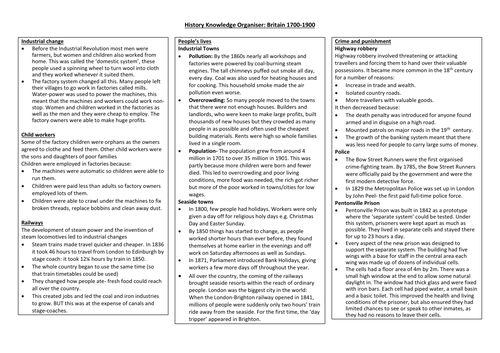 Britain 1700-1900- KS3 history knowledge organiser | Teaching Resources