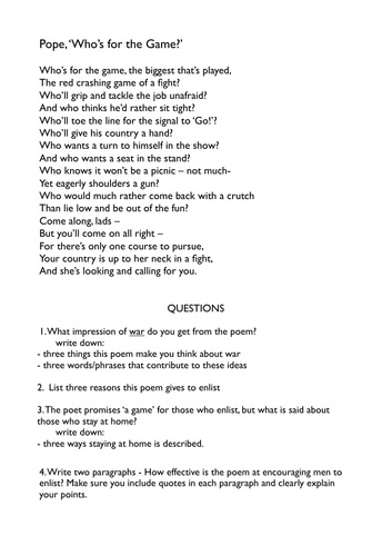 WW1 War Poetry intro / Who's For the Game | Teaching Resources