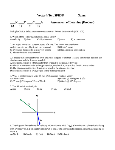 RELATIVE VELOCITY TEST Vectors Test V=DT Test Grade 11 Physics WITH ...