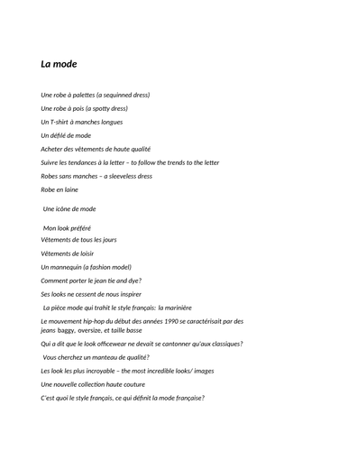 French A Level vocabulary/ phrases for discussing LA MODE / fashion ...