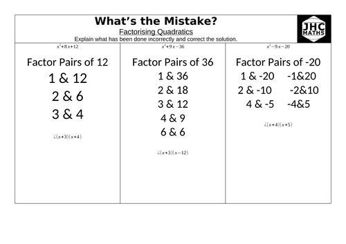 Factorising Quadratic Expressions Scaffolded Grid and Mistakes ... Factorising Quadratic Expressions Scaffolded Grid and Mistakes ...